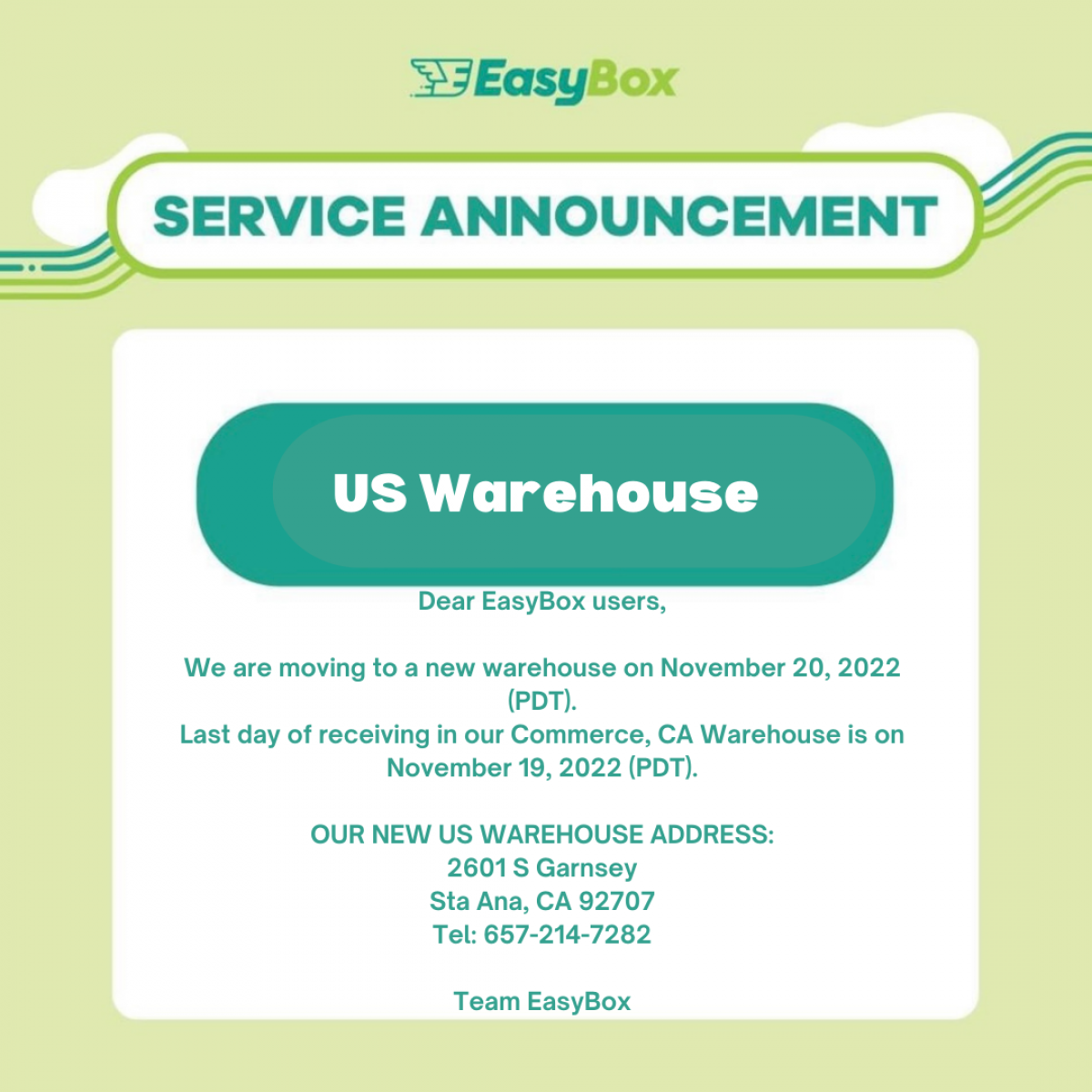New US Warehouse Address — Easybox